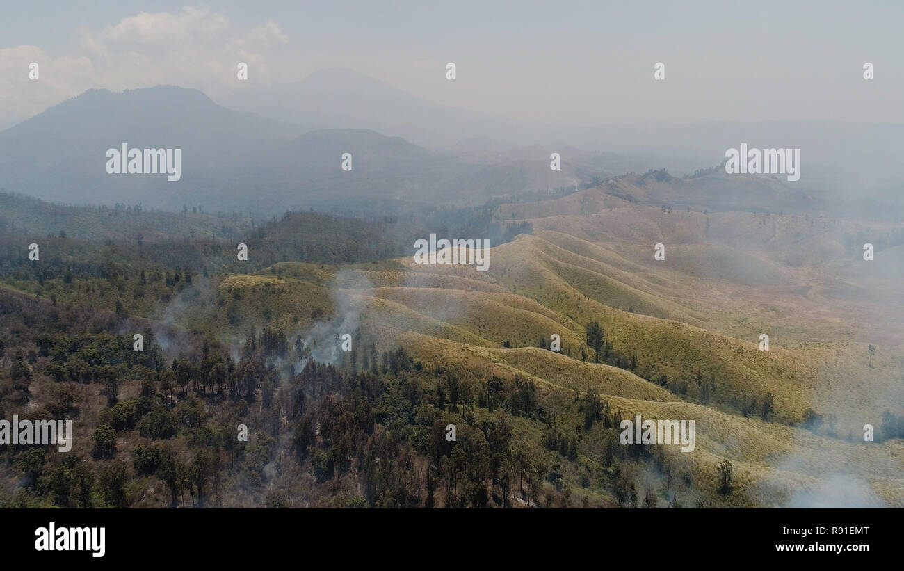 aerial view forest fire smoke on slopes hills. wild fire in tropical ...