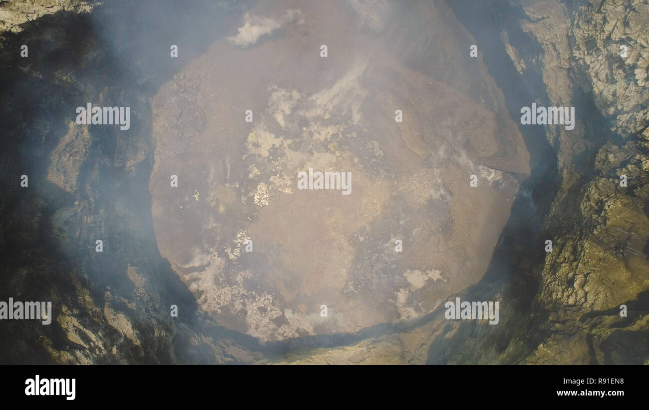 smoking crater active volcano Bromo. aerial view mountain landscape ...