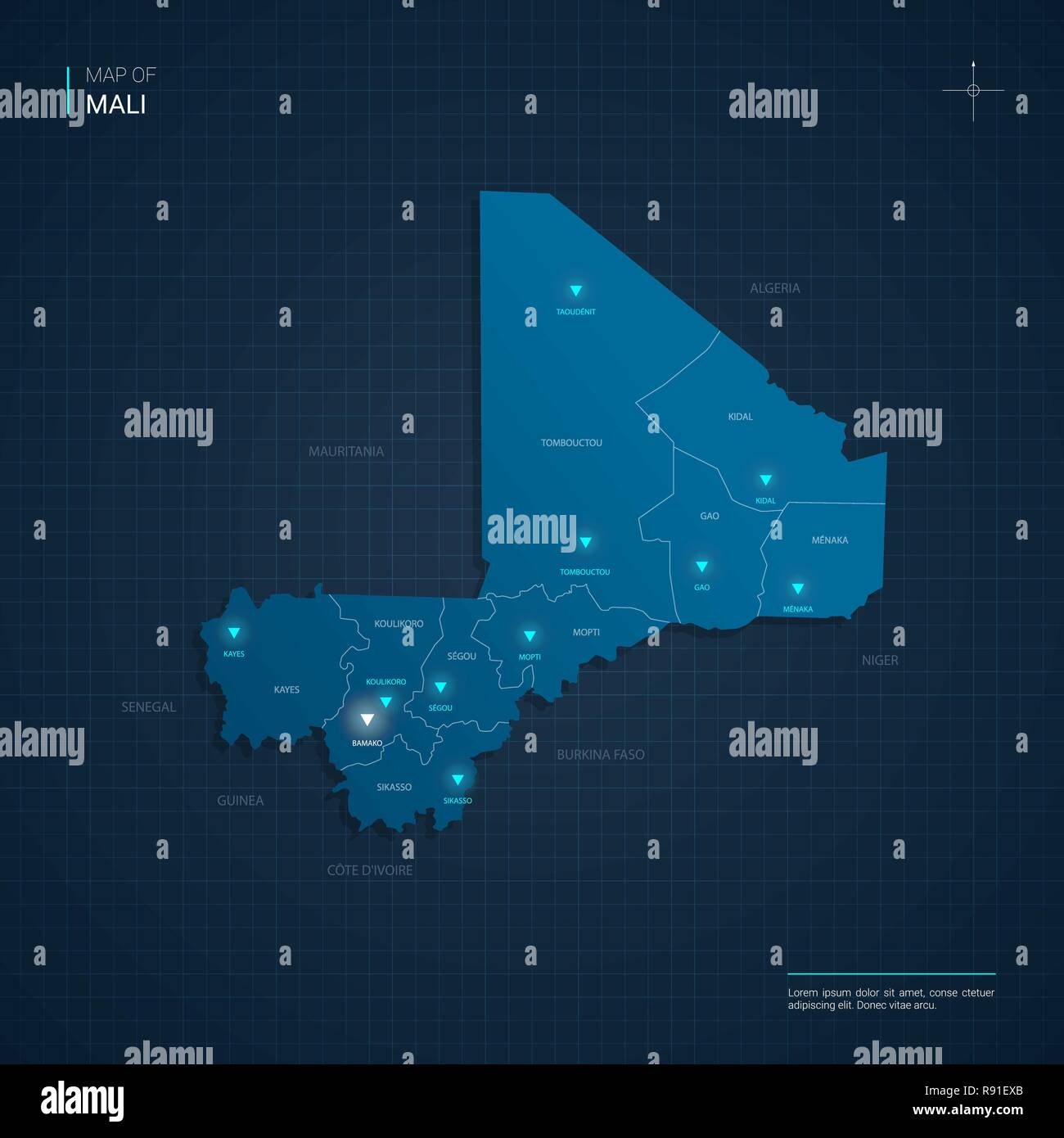 Vector Mali map illustration with blue neon lightpoints - triangle on ...