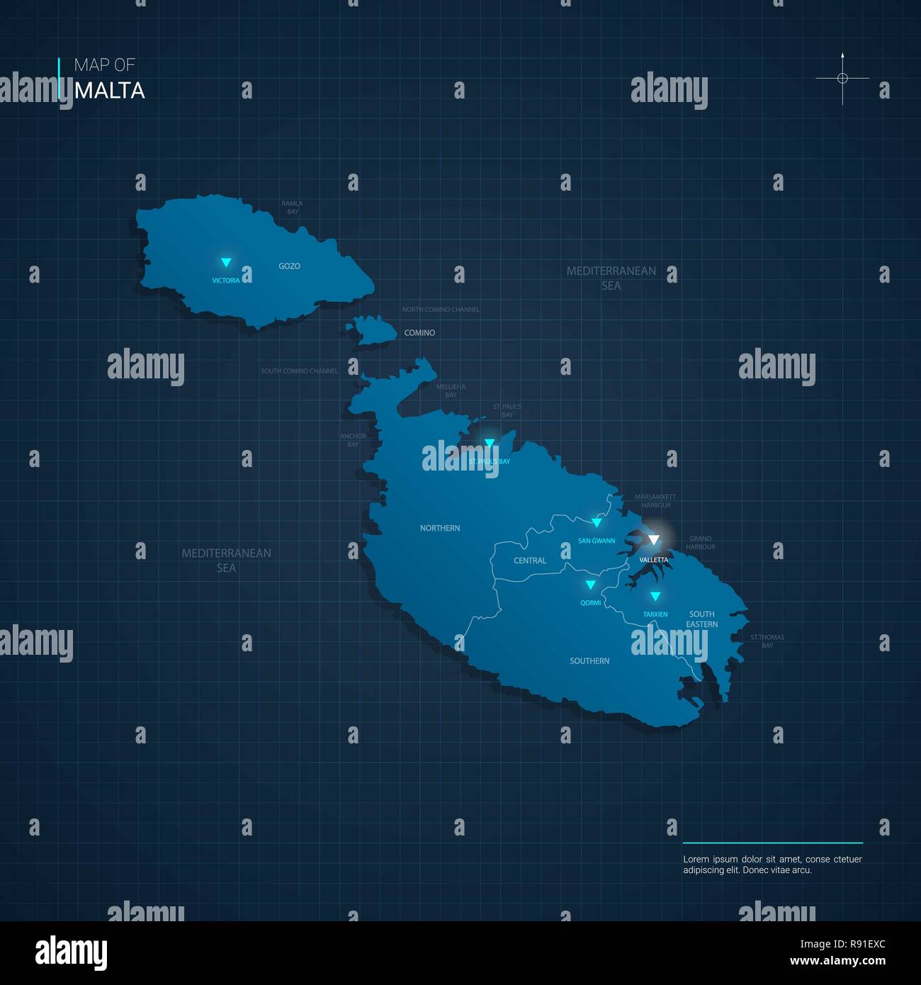 Vector Malta map illustration with blue neon lightpoints - triangle on ...