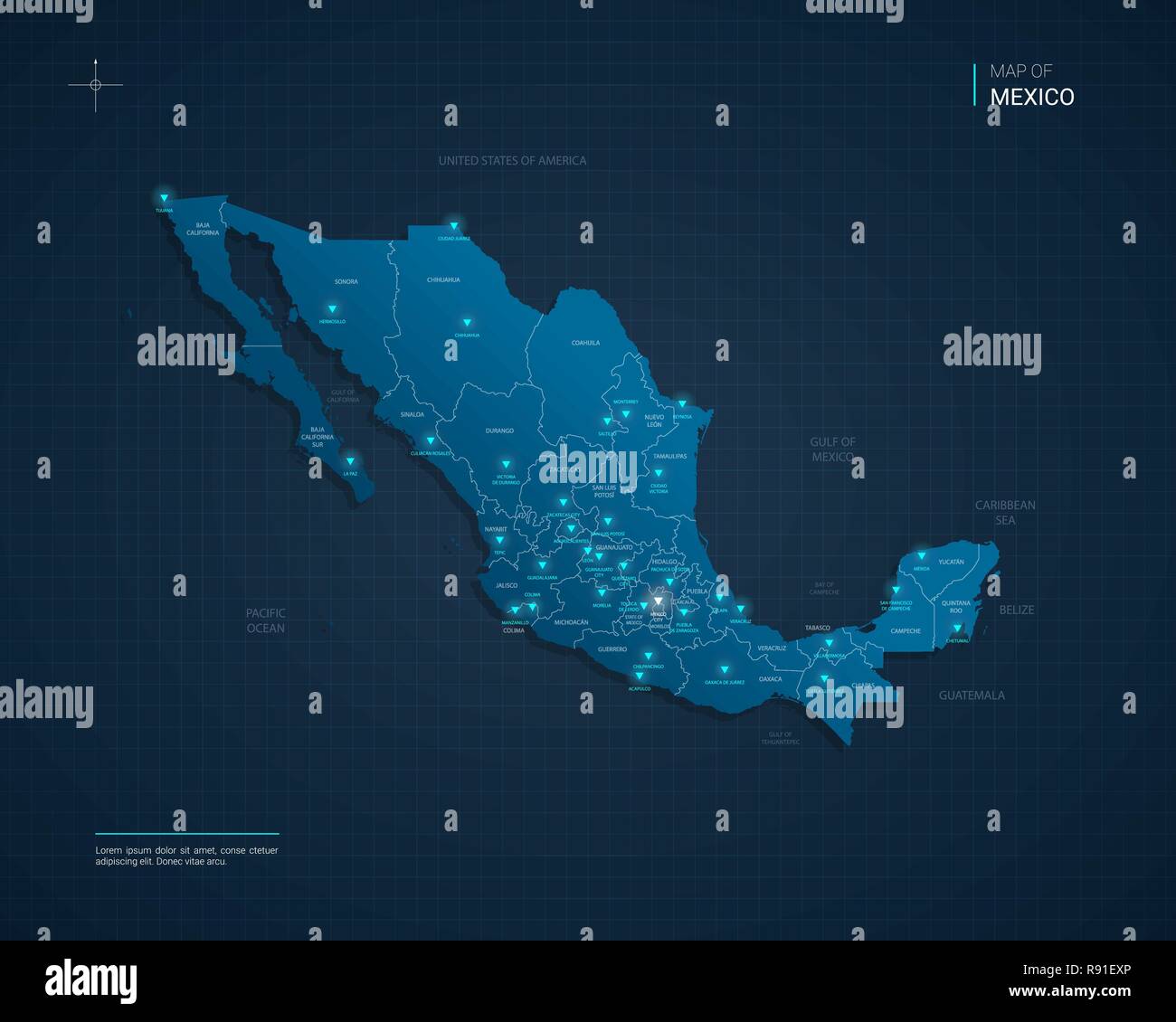 Vector Mexico map illustration with blue neon lightpoints - triangle on ...