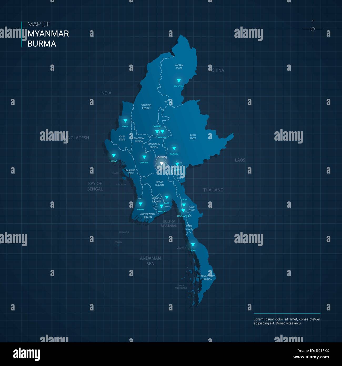 Vector Myanmar map illustration with blue neon lightpoints - triangle ...