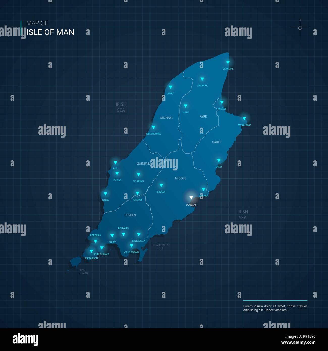 Vector Isle of Man map illustration with blue neon lightpoints ...