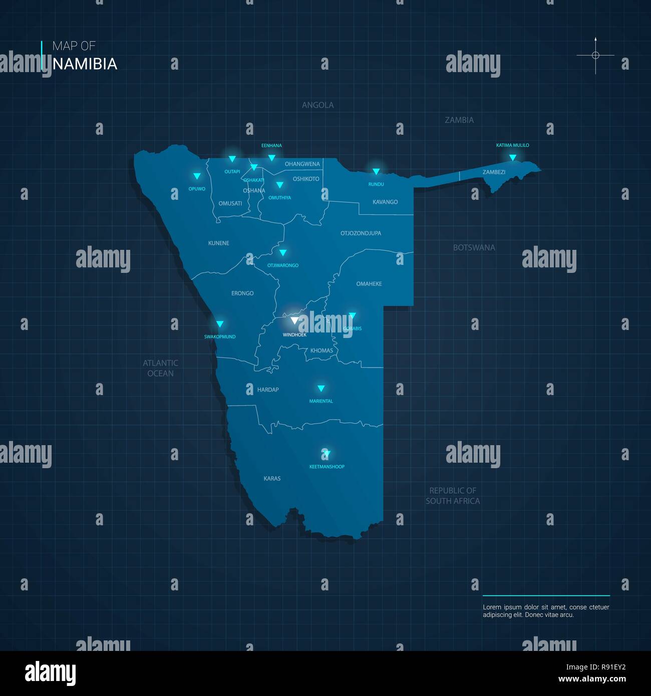 Vector Namibia map illustration with blue neon lightpoints - triangle ...