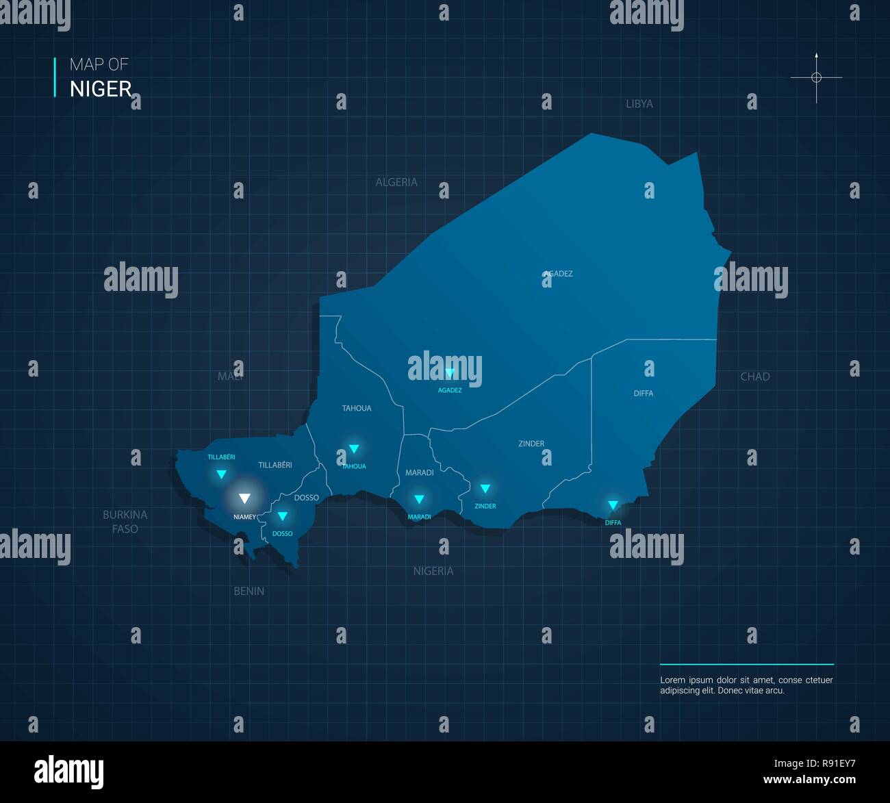 Vector Niger map illustration with blue neon lightpoints - triangle on ...