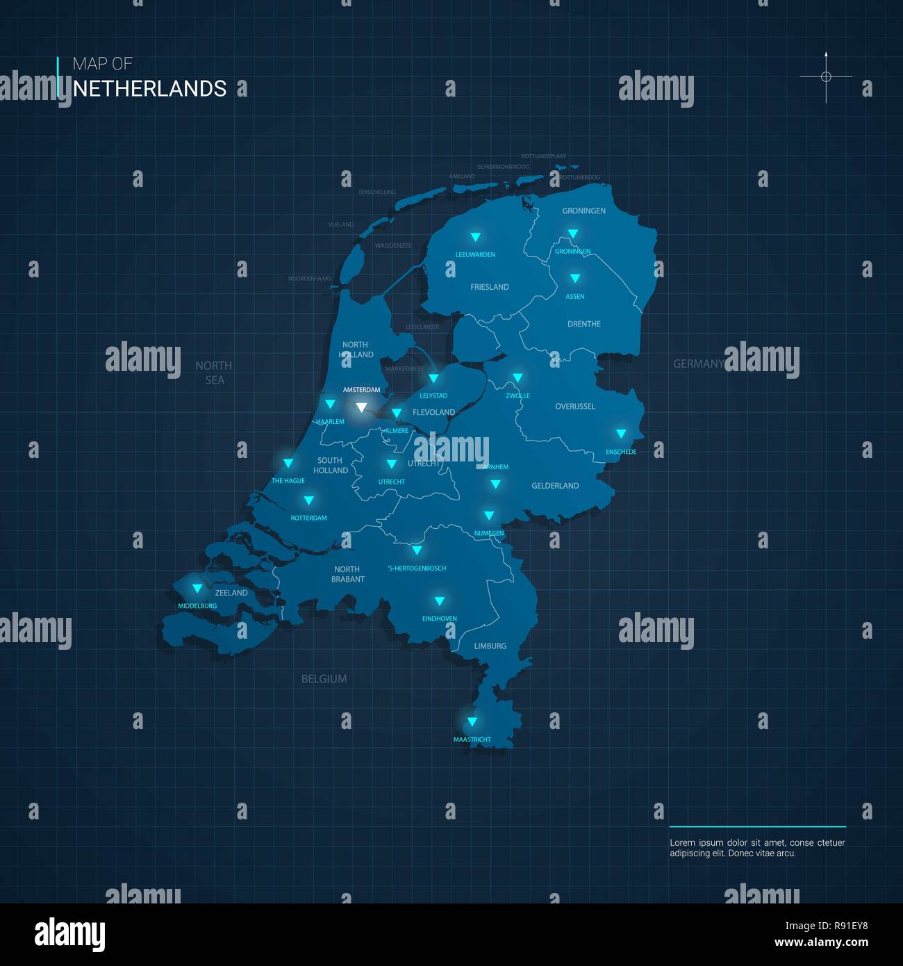 Vector Netherlands map illustration with blue neon lightpoints ...