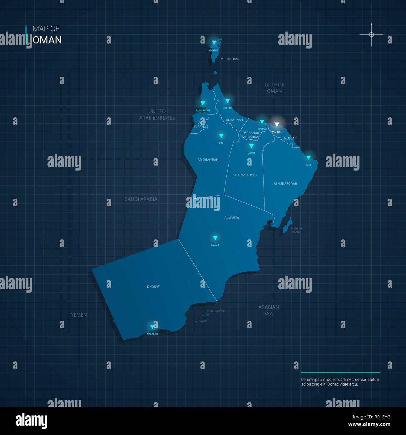 Vector Oman map illustration with blue neon lightpoints - triangle on ...