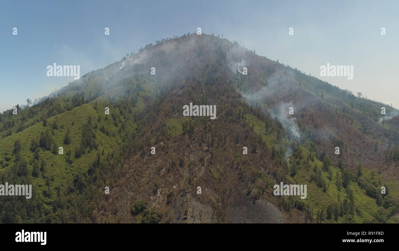 aerial view forest fire smoke on slopes hills. wild fire in tropical ...