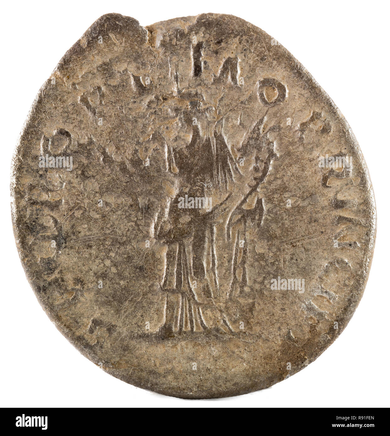 Ancient Roman silver denarius coin of Emperor Trajan. Reverse Stock ...