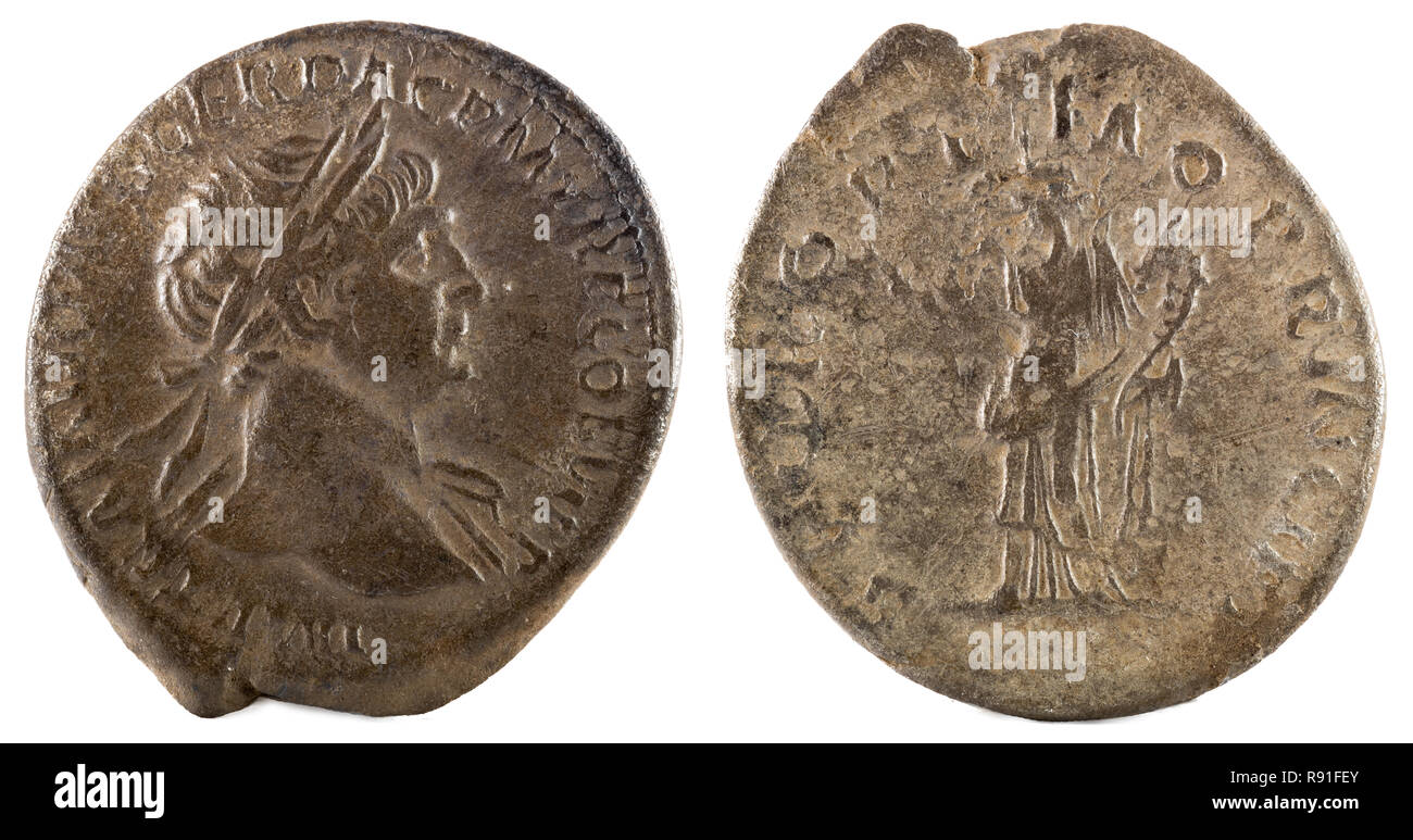 Ancient Roman silver denarius coin of Emperor Trajan Stock Photo - Alamy