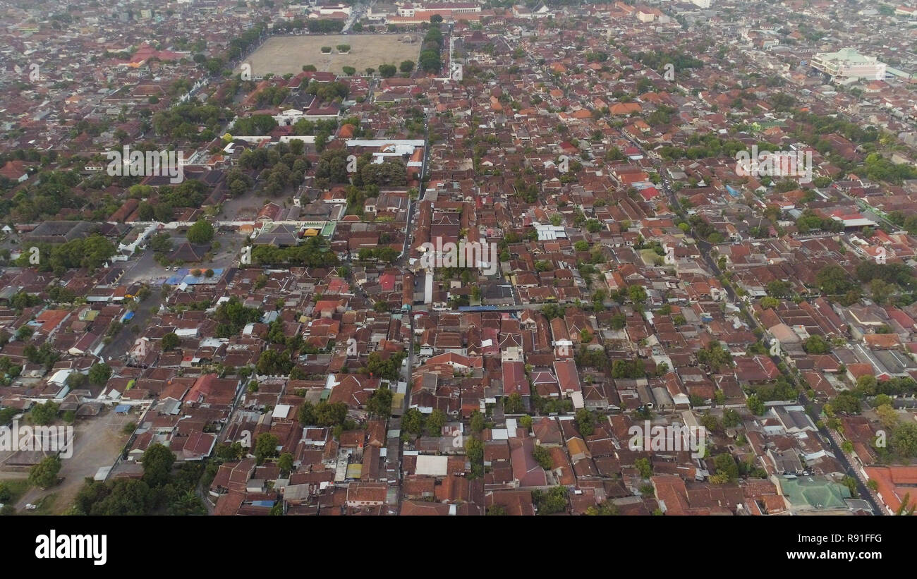 cityscape Yogyakarta with buildings, highway at sunset time. aerial ...