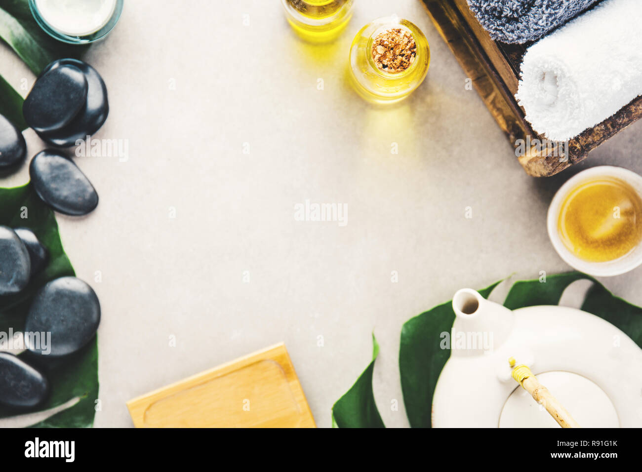 Spa Wellness Relax concept. Spa background with spa accessories on grey ...