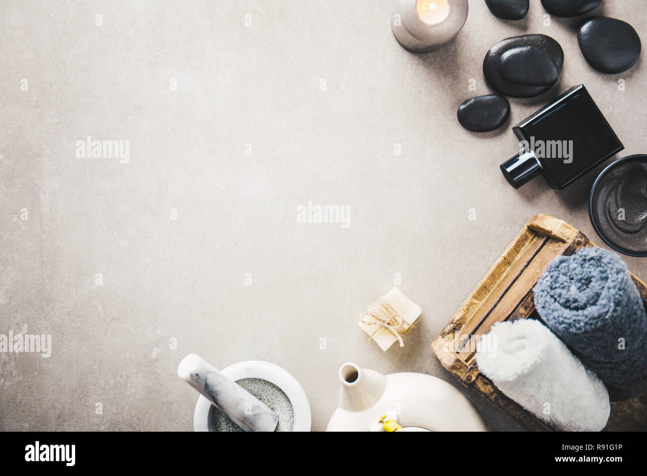 Spa Wellness Relax concept. Spa background with spa accessories on grey ...