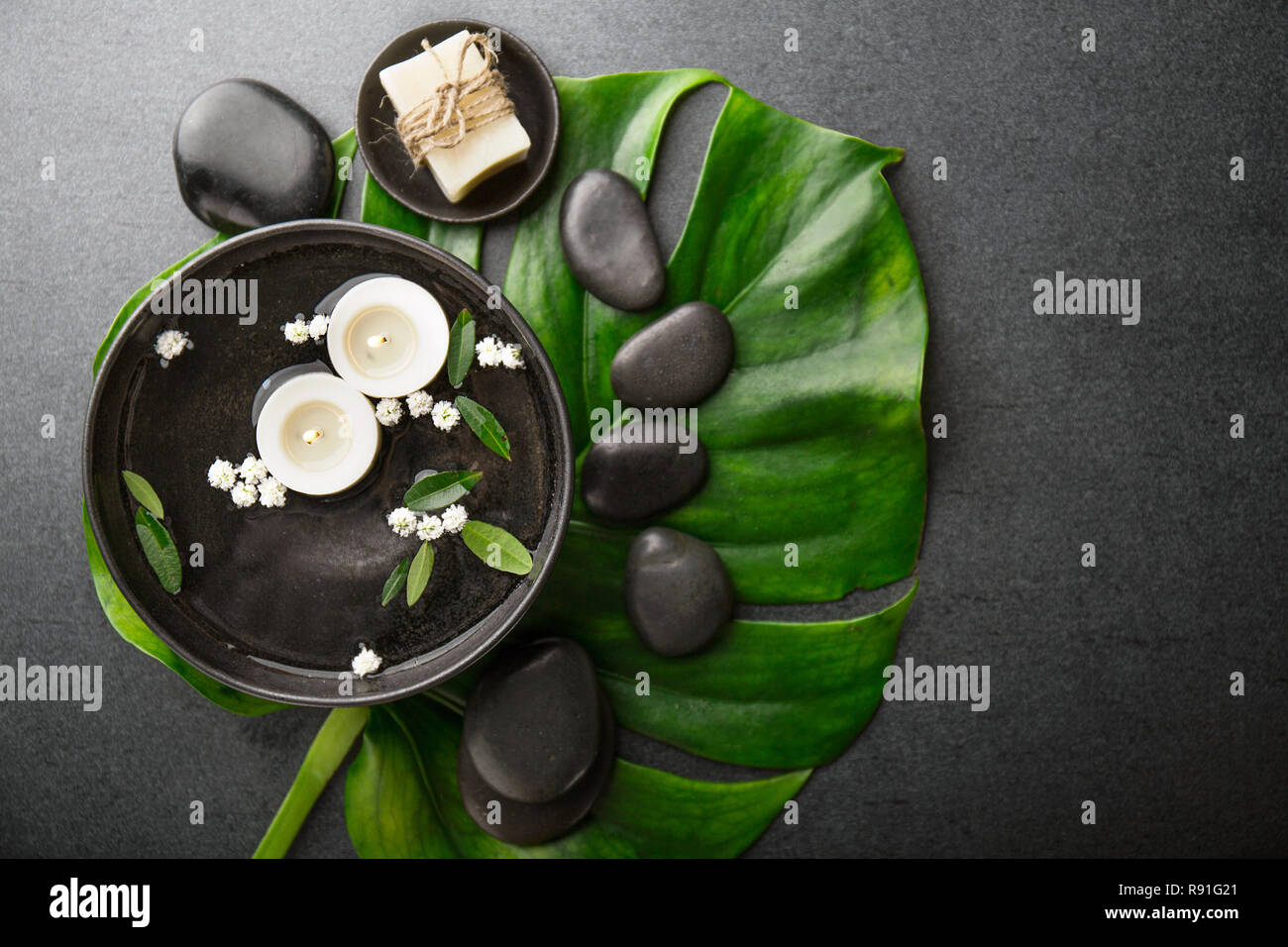 Spa Wellness Relax concept. Spa background with spa accessories on dark ...