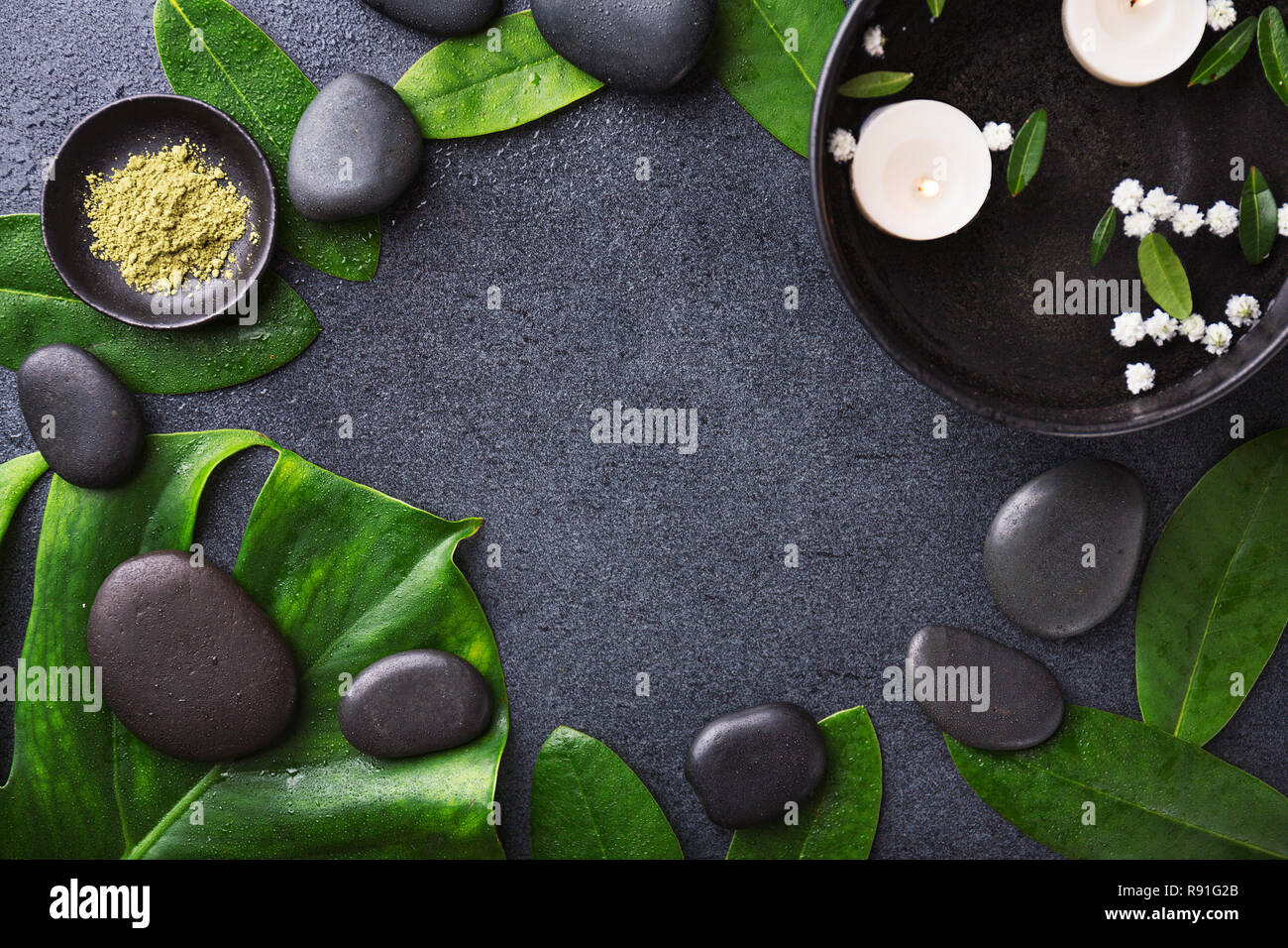 Spa Wellness Relax concept. Spa background with spa accessories on dark ...