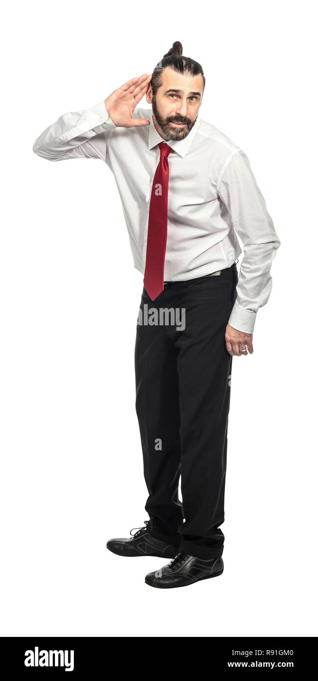 standing businessman listening pose isolated on white Stock Photo - Alamy