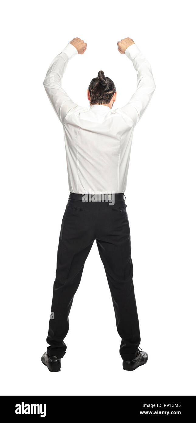 back view of man happy winner pose arms up isolated on white Stock ...