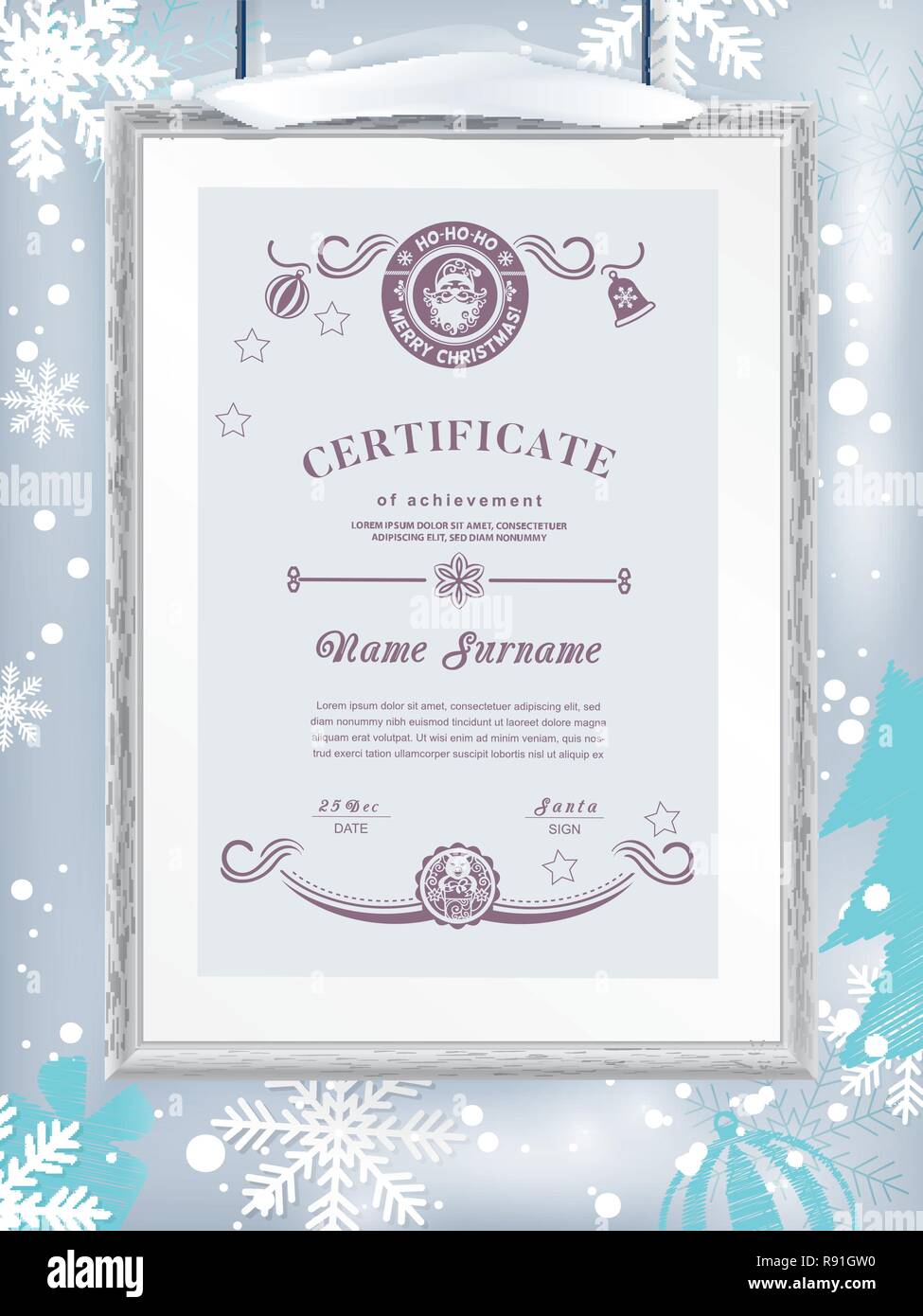 Christmas certificate with grey realistic border on snowflake ...