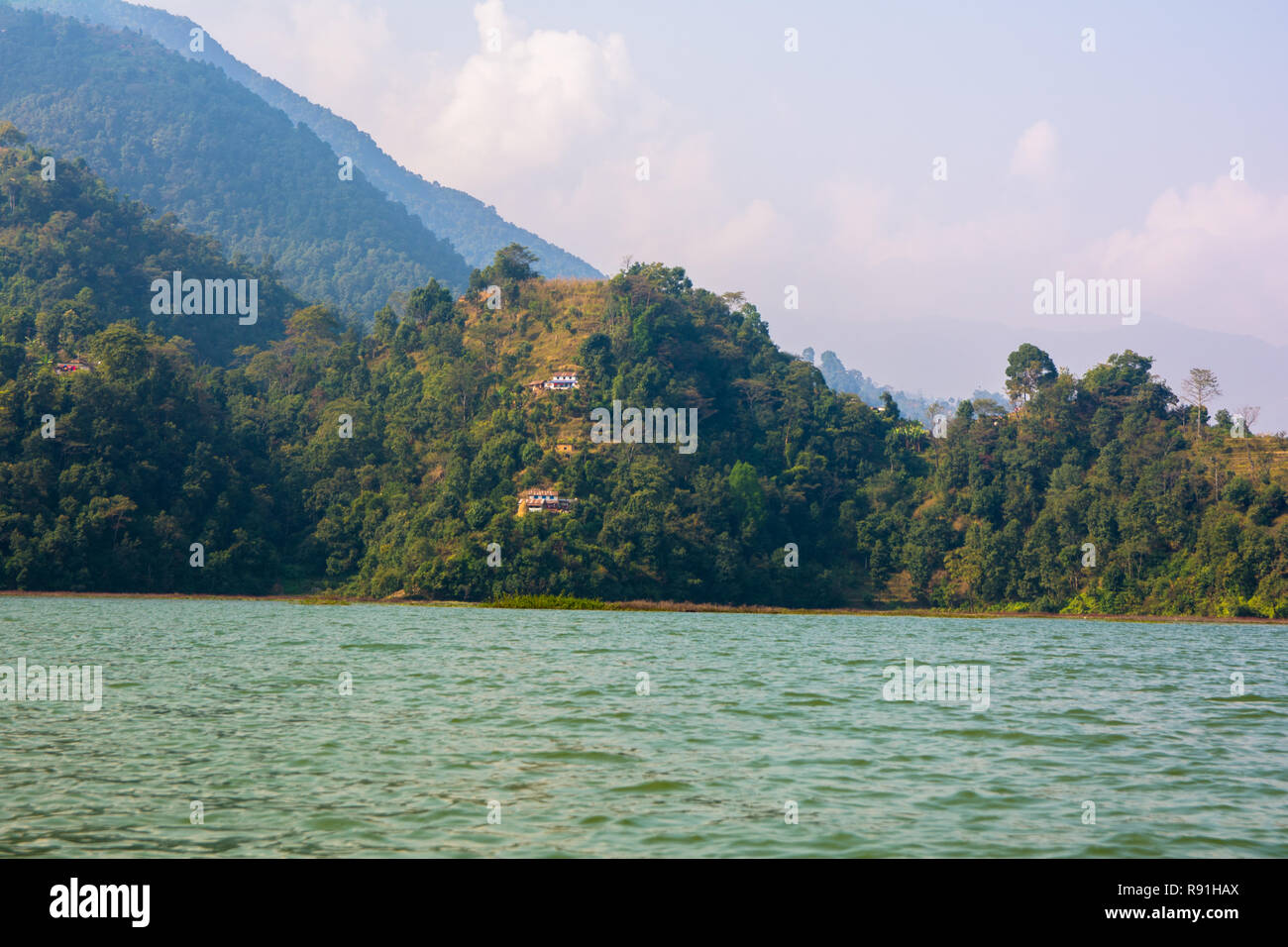 Phewa Lake and hills in Pokhara, a popular tourist destination. Taken ...