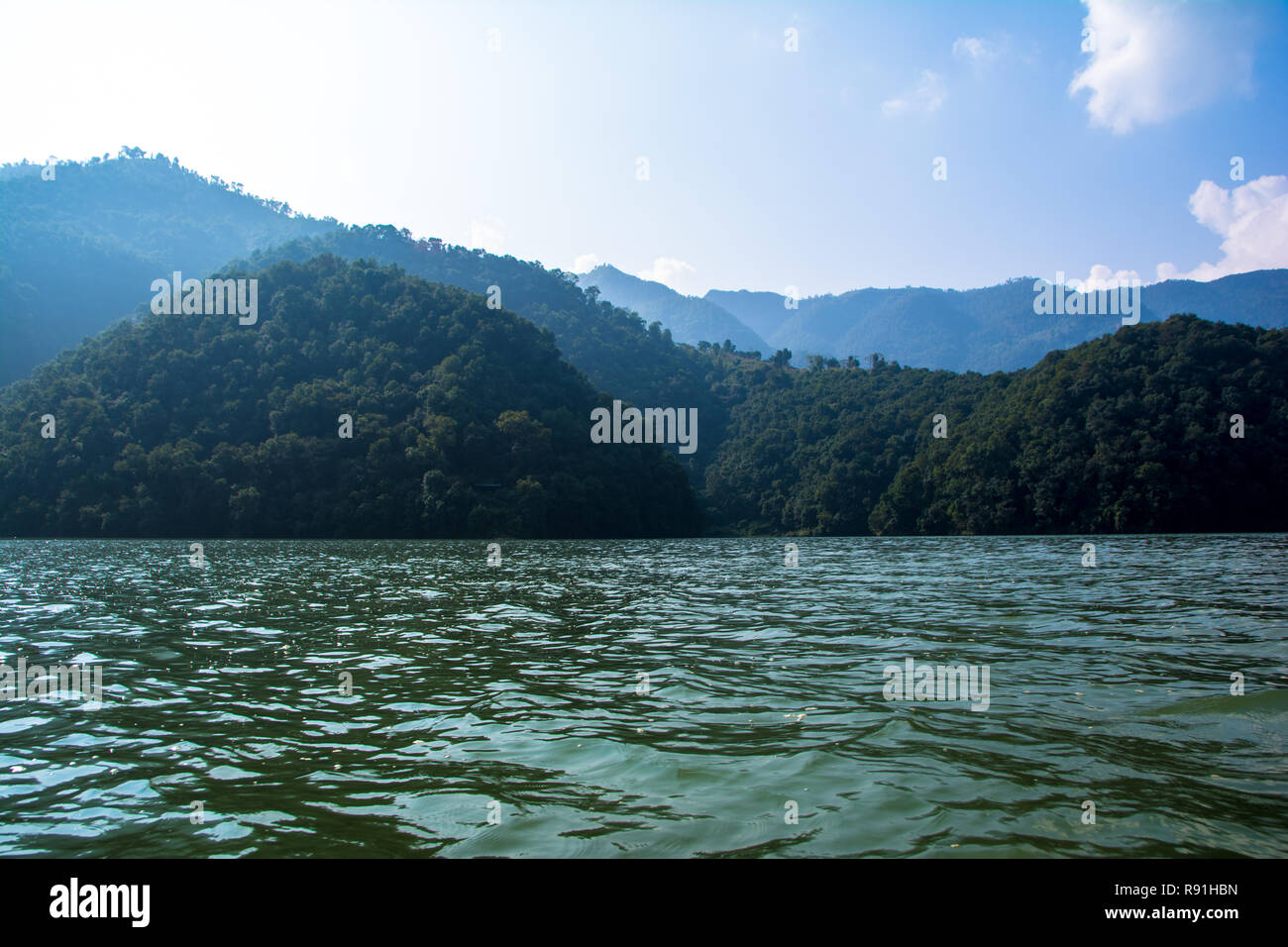 Phewa Lake and hills in Pokhara, a popular tourist destination. Taken ...