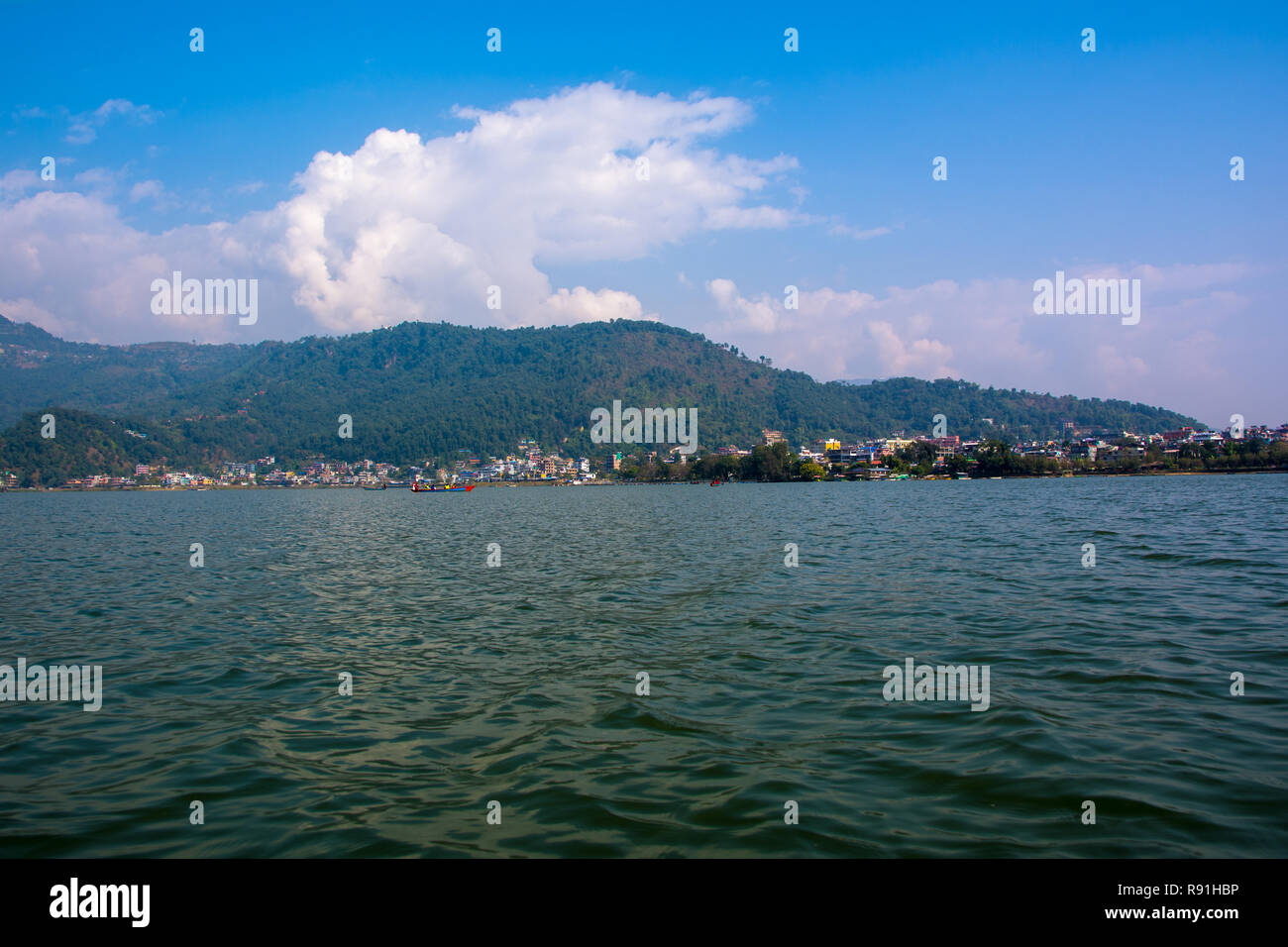 Phewa Lake and hills in Pokhara, a popular tourist destination. Taken ...
