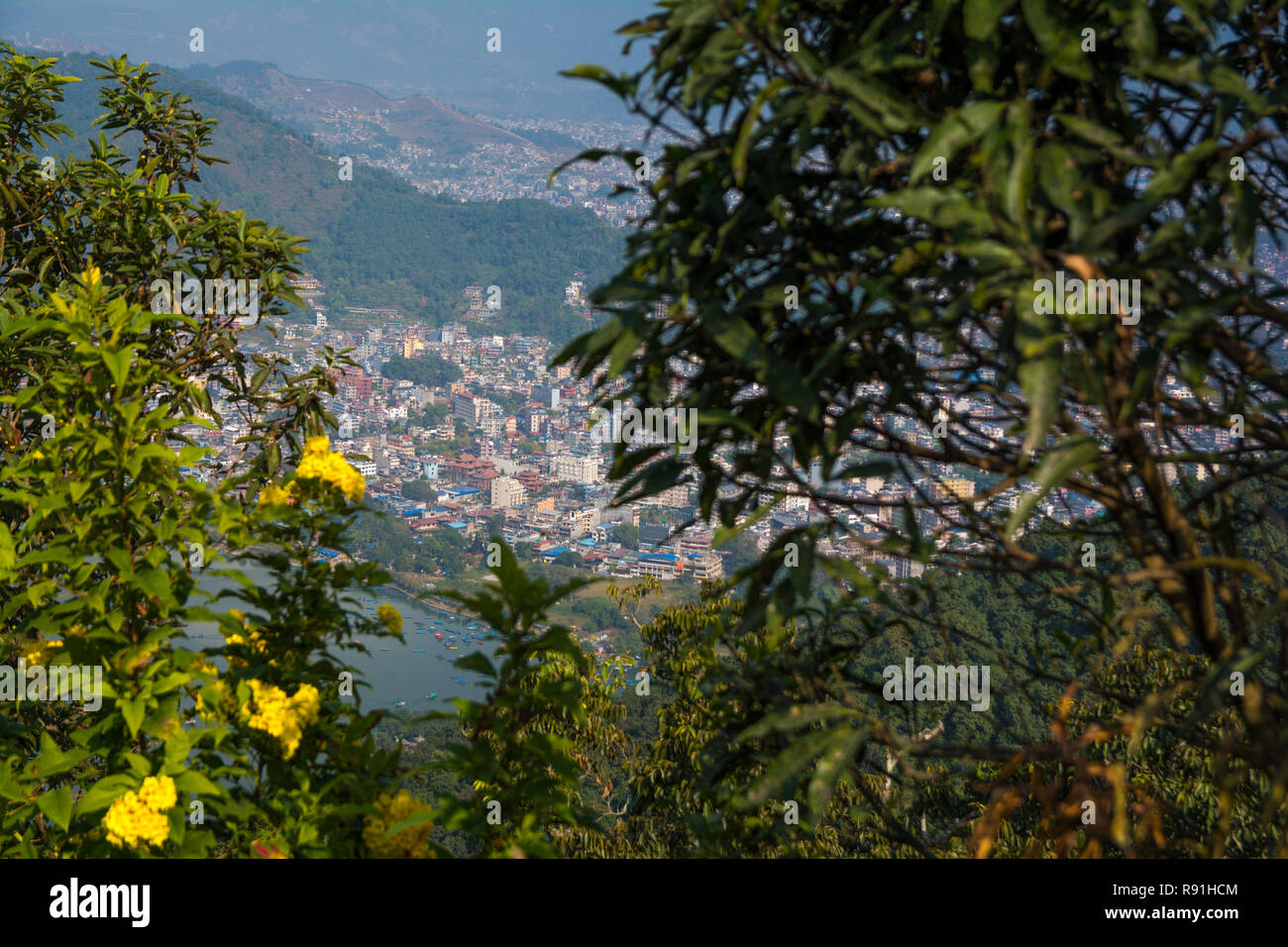 Pokhara town and Phewa Lake as seen on the way up to the World Peace ...