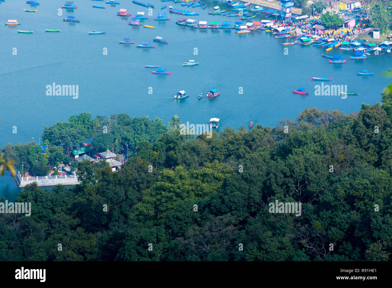 Fewa lake view from top , down view of fewalake and boats Pokhara nepal ...