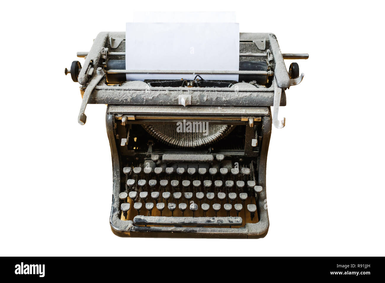 old vintage dust-covered typewriter with sheet of paper isolated on ...