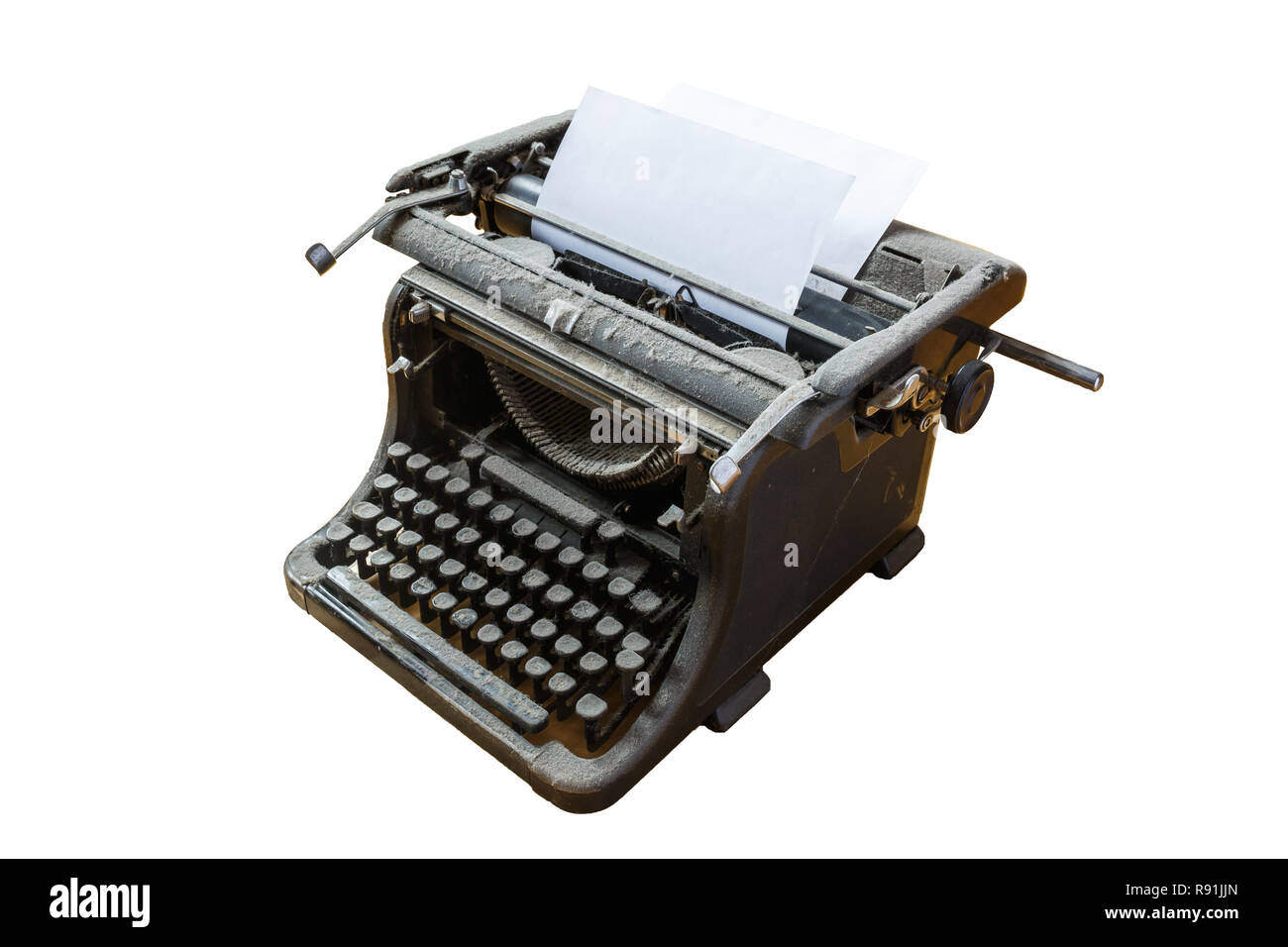 old vintage dust-covered typewriter with sheet of paper isolated on ...