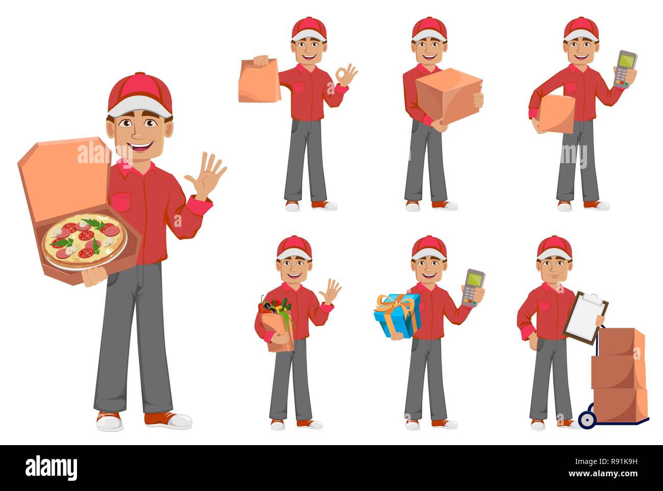 Courier man in red uniform. Handsome delivery man. Cartoon character ...