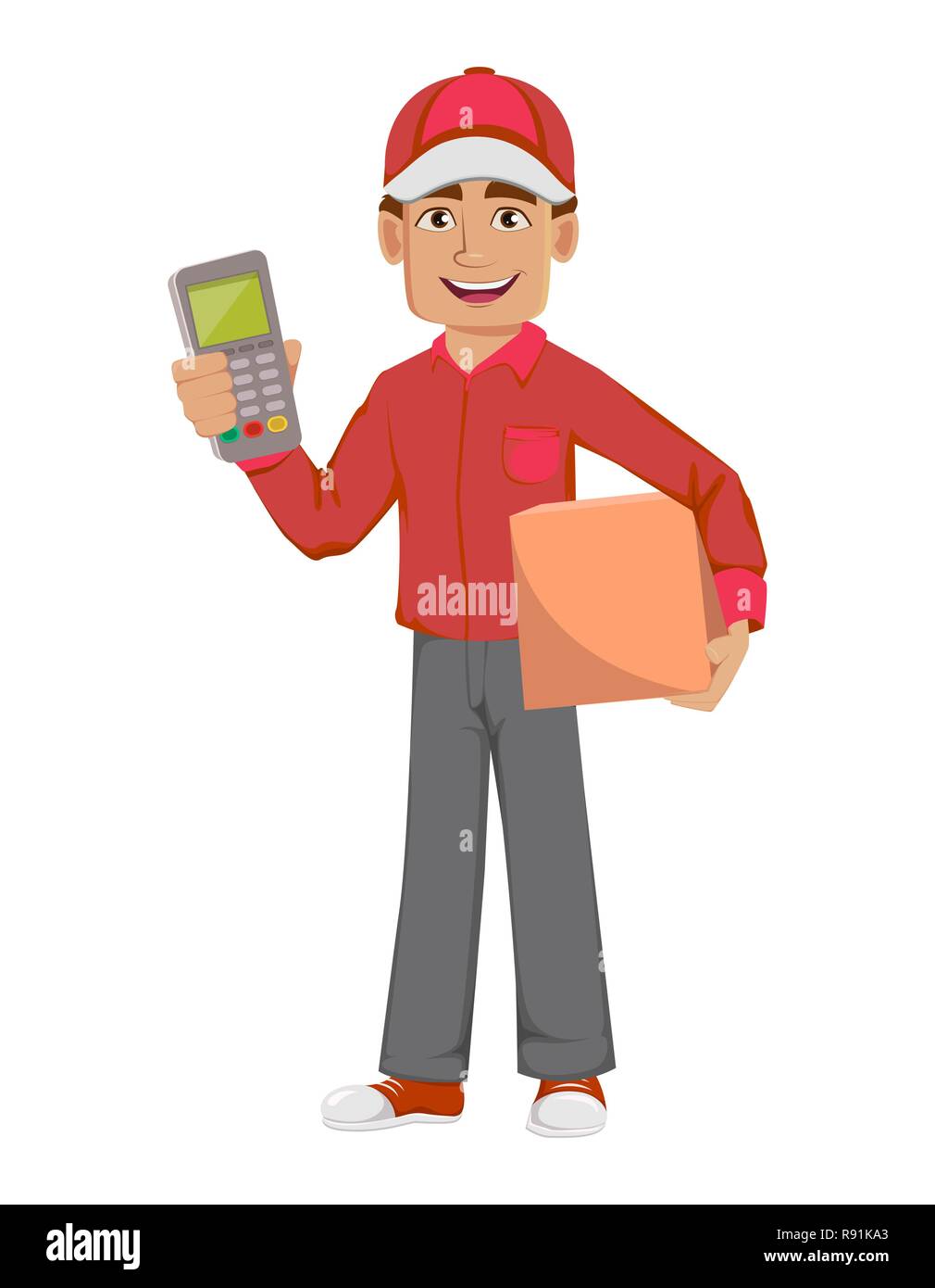 Courier man in red uniform. Handsome delivery man. Cartoon character ...