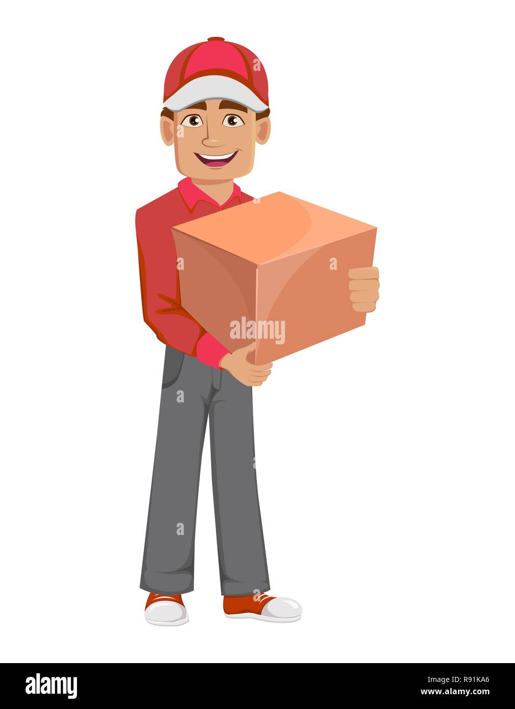 Courier man in red uniform. Handsome delivery man. Cartoon character ...