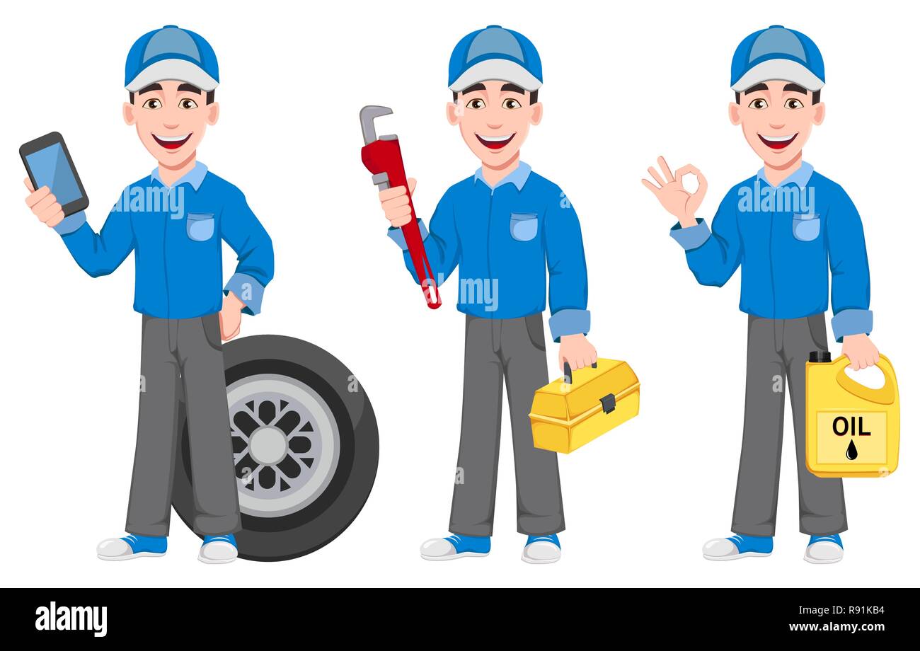 Professional auto mechanic in uniform, set of three poses. Smiling ...