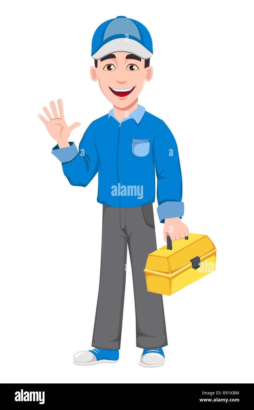 Professional auto mechanic in uniform. Smiling cartoon character holds ...