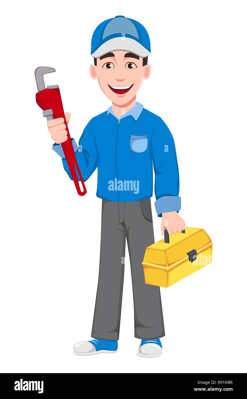 Professional auto mechanic in uniform. Smiling cartoon character holds ...