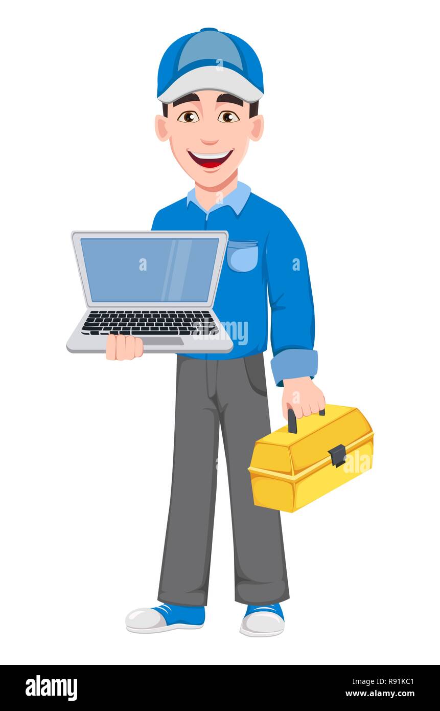 Professional auto mechanic in uniform. Smiling cartoon character holds ...