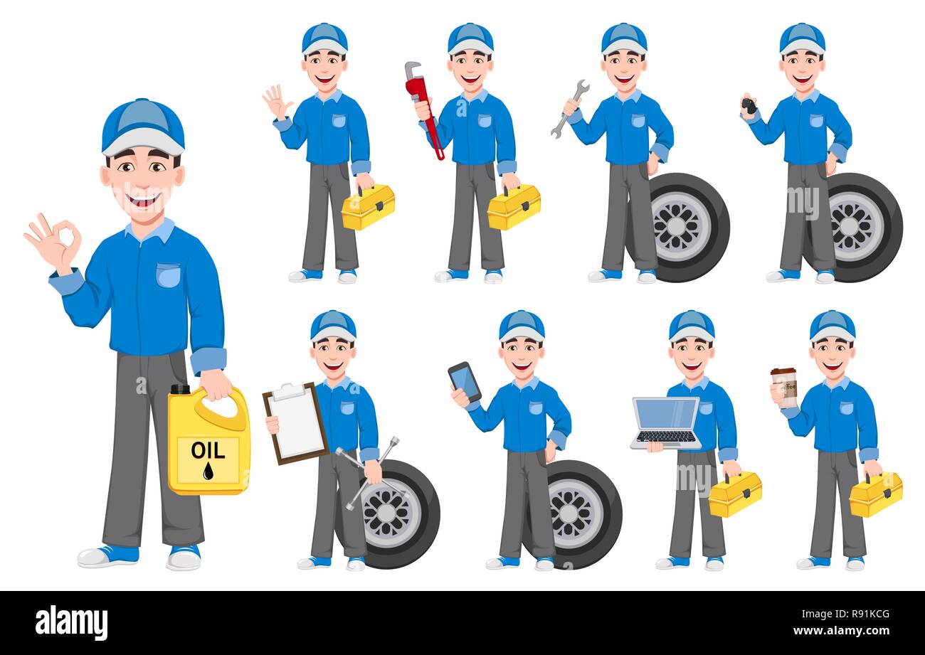 Professional auto mechanic in uniform. Smiling cartoon character holds ...