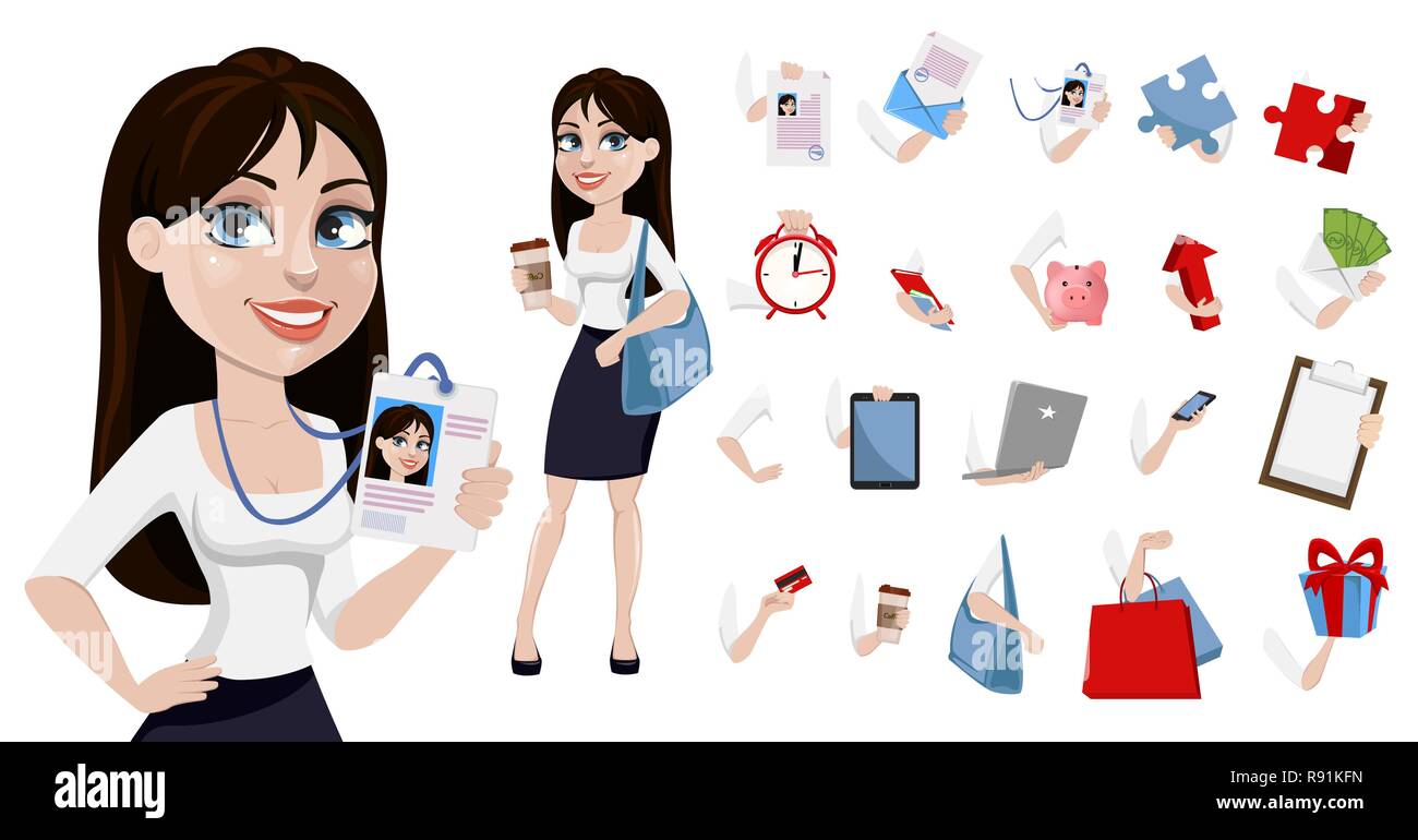 Business woman with brown hair, concept of cartoon character in office ...