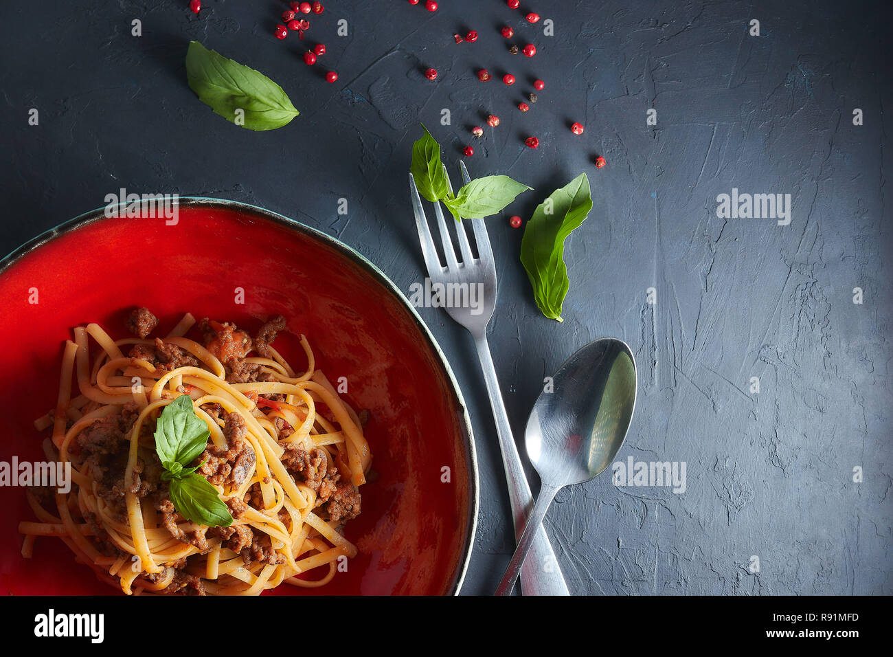 Italian pasta bolognaise. View from above. Italian home cooking Stock ...
