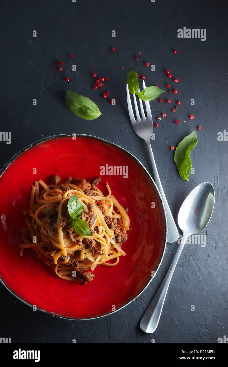 Italian pasta bolognaise. View from above. Italian home cooking Stock ...