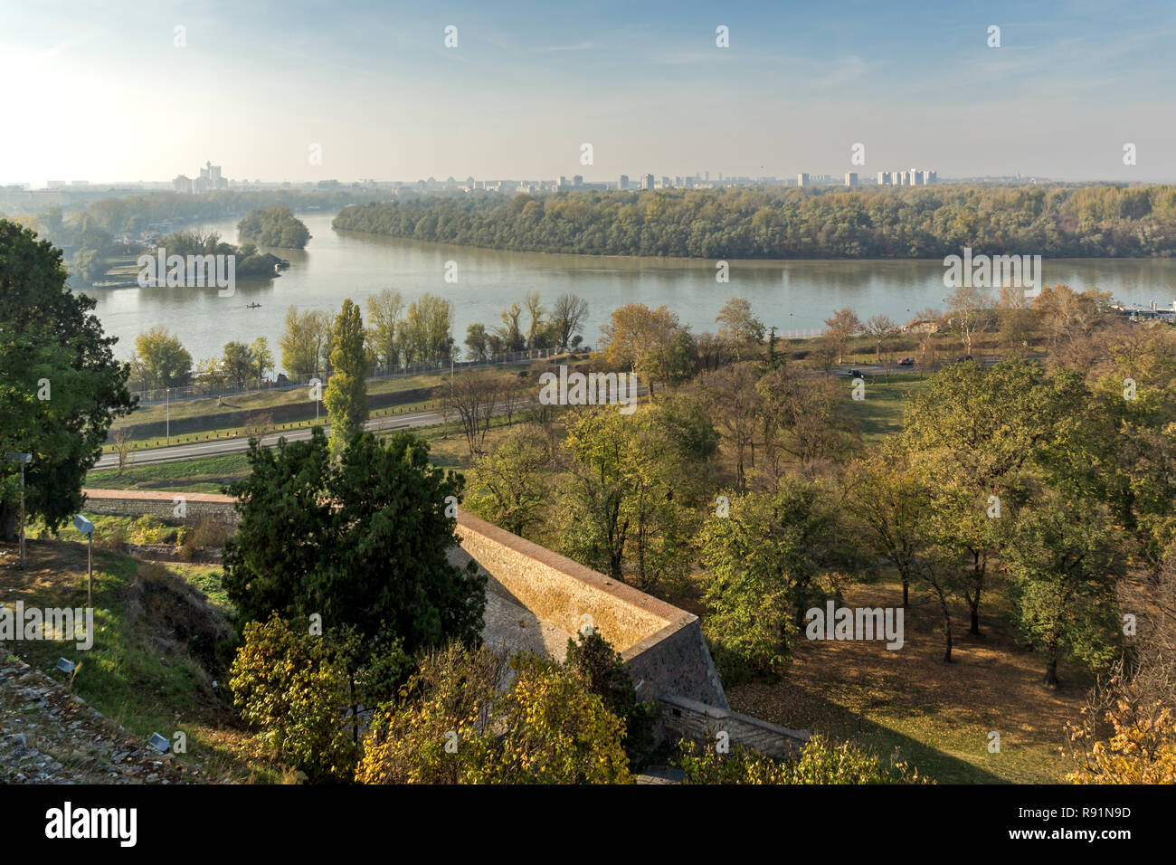 BELGRADE, SERBIA - NOVEMBER 10, 2018: Panoramic sunset view of Belgrade ...