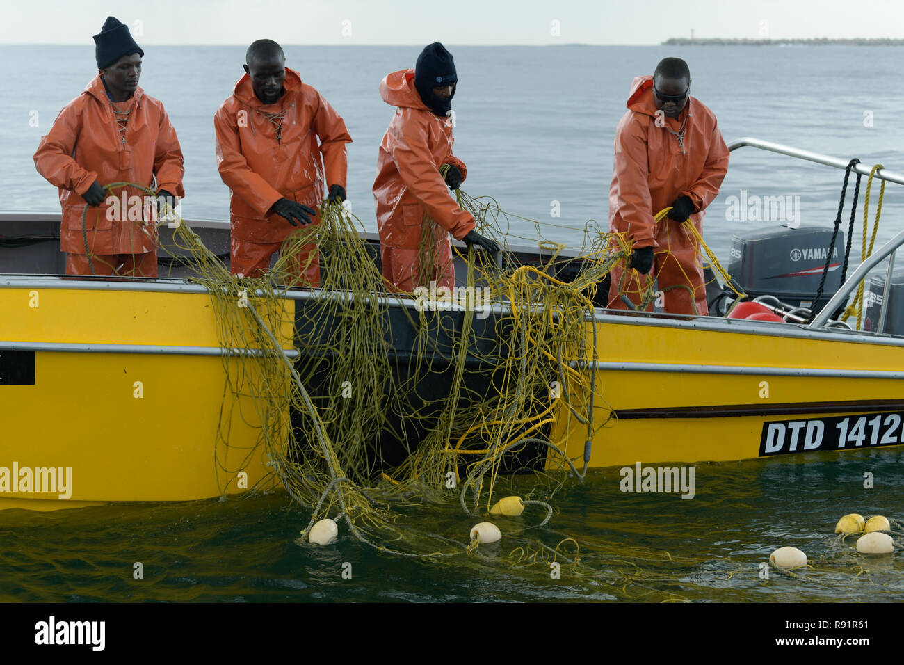 Durban, KwaZulu-Natal, South Africa, workers on boat of Natal Sharks ...