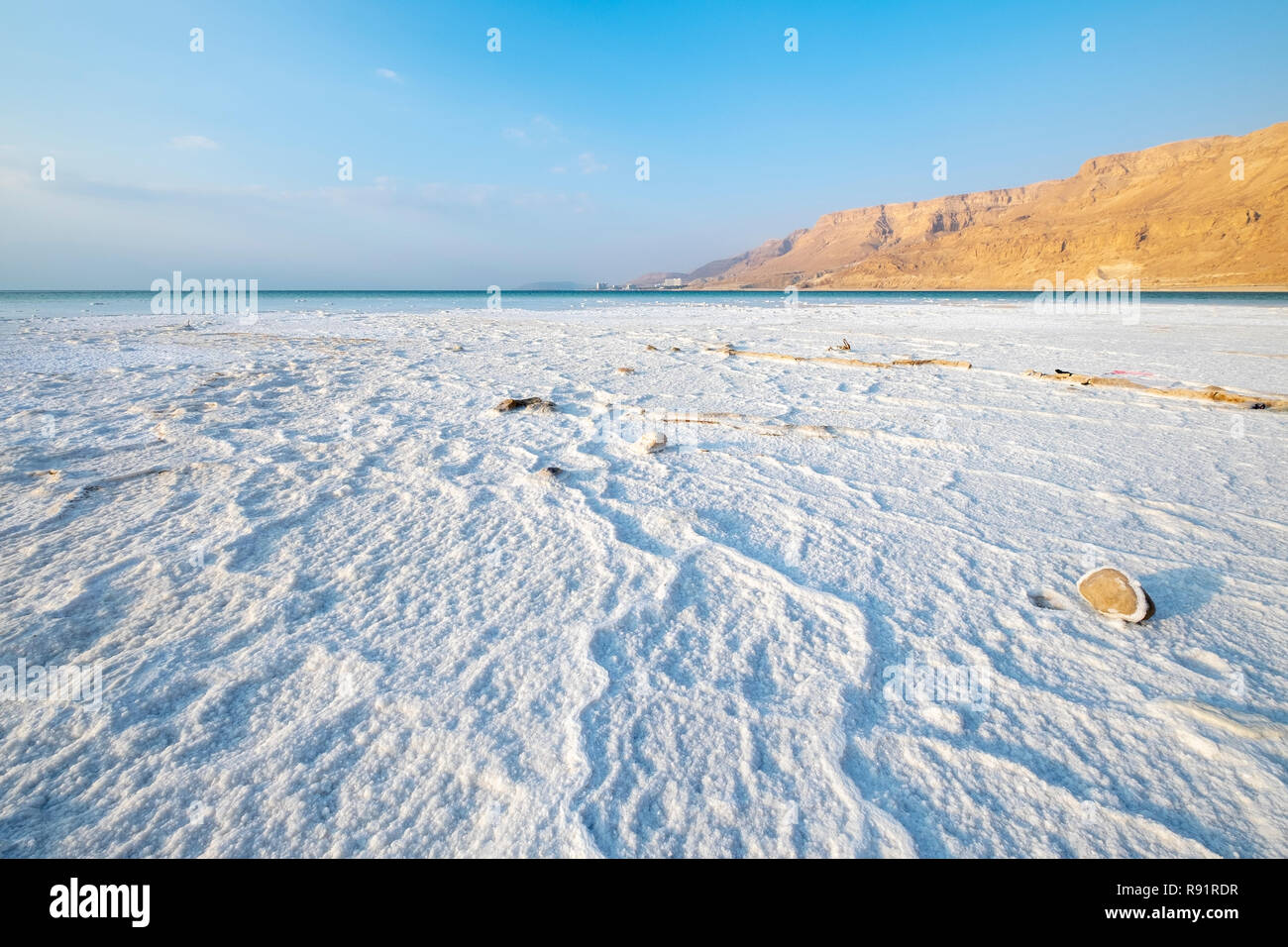 Salt formation caused by the evaporation of the water on the shore of ...