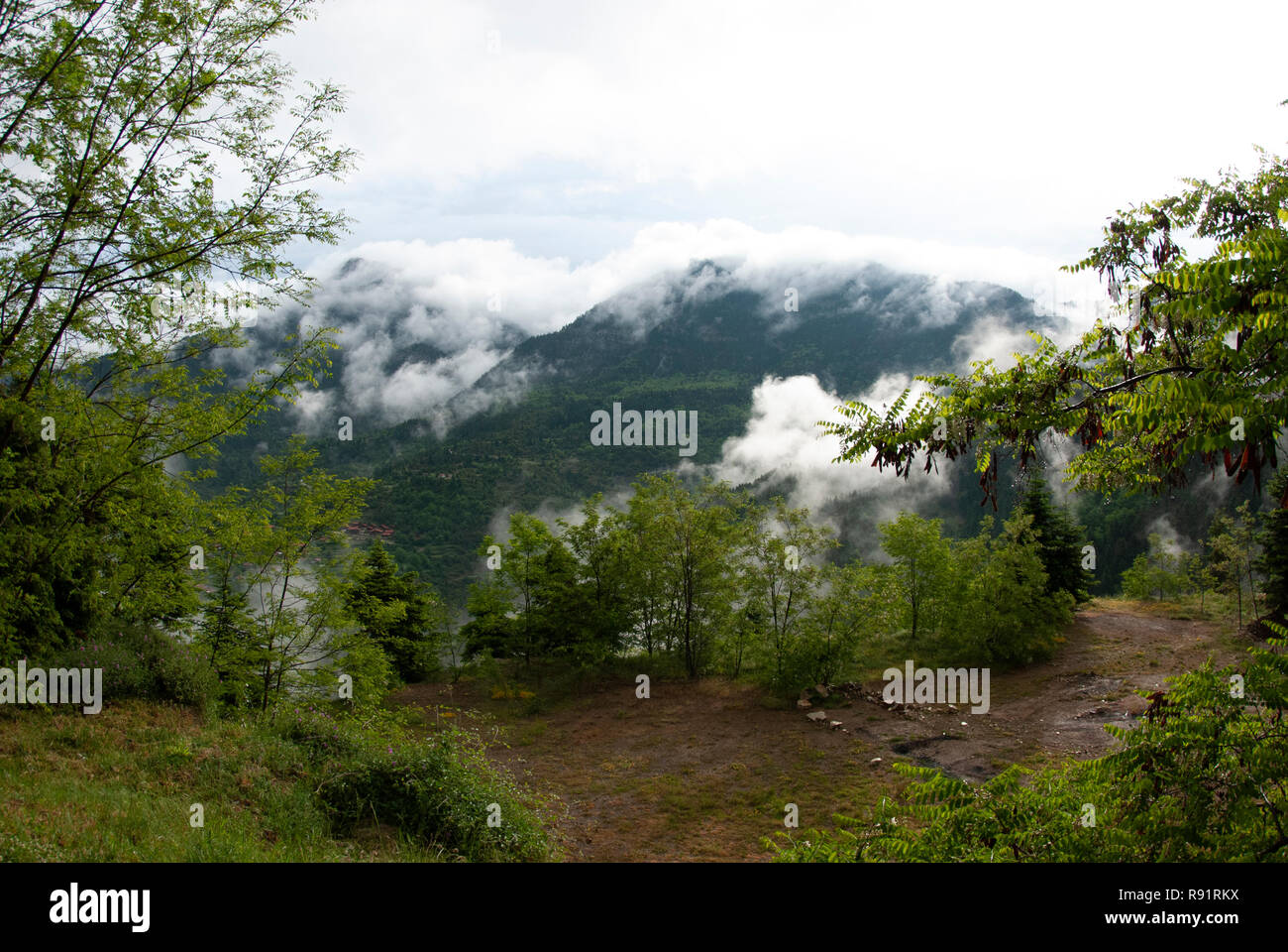 Misty foggy mountain top. Photographed in Greece Stock Photo - Alamy