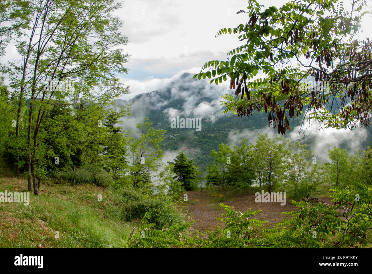 Misty foggy mountain top. Photographed in Greece Stock Photo - Alamy
