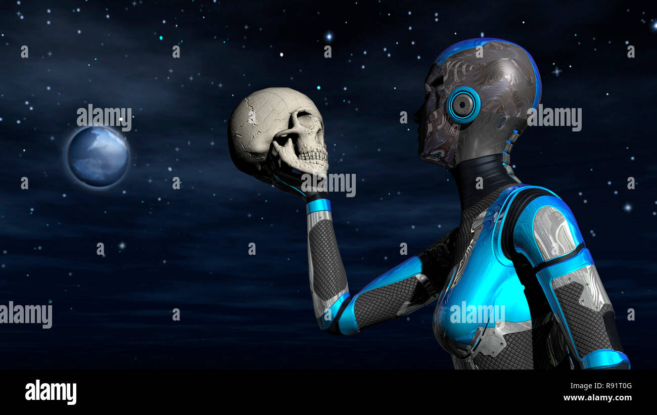 Illustration of futuristic Female Android in Space holding human skull ...