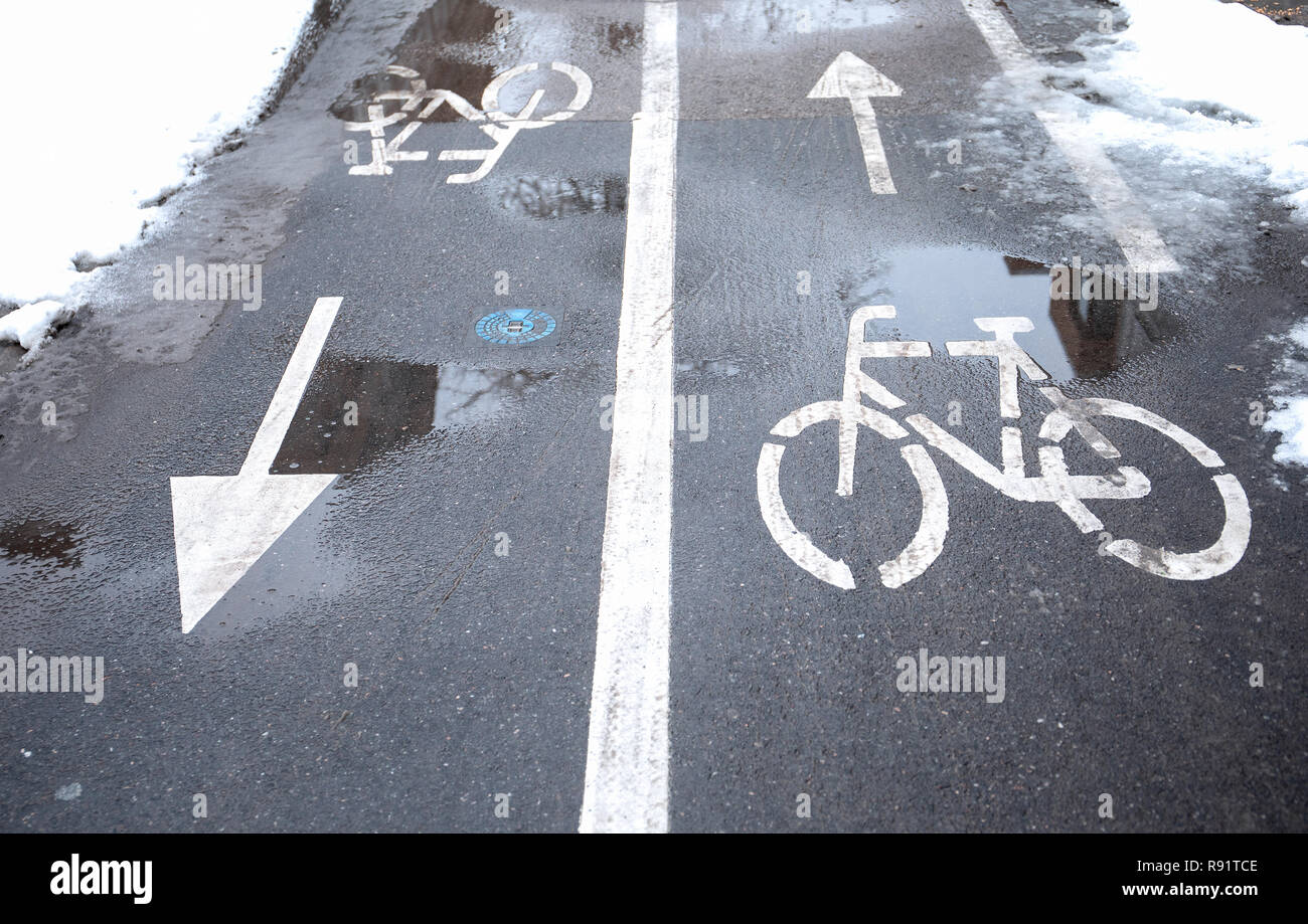 Bike path with a symbol of bike and directional arrow Stock Photo - Alamy