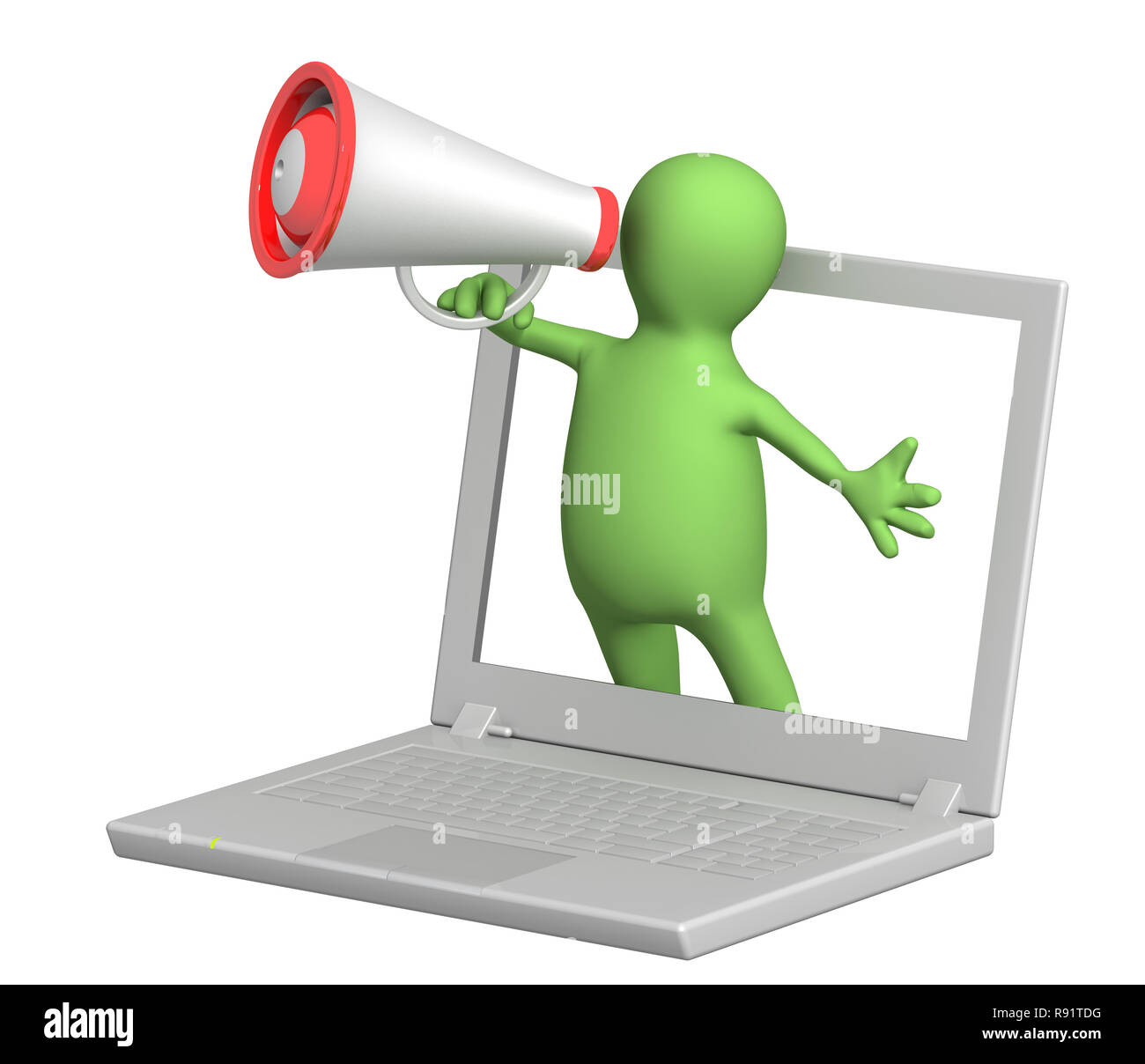 3d puppet with laptop and megaphone. Isolated over white Stock Photo ...