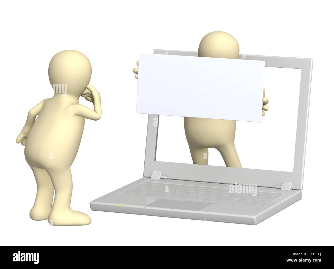 3d puppet with information board and laptop Stock Photo - Alamy