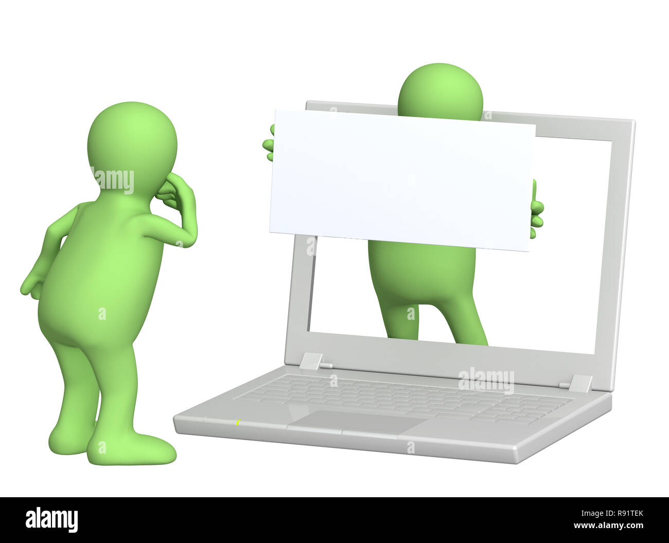 3d puppet with information board and laptop Stock Photo - Alamy